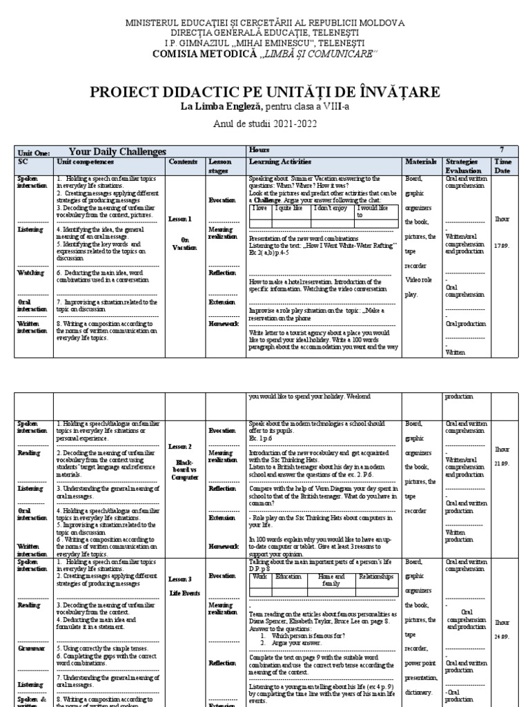 Plan de Învățare pentru Limba Engleză | PDF | Reading Comprehension ...