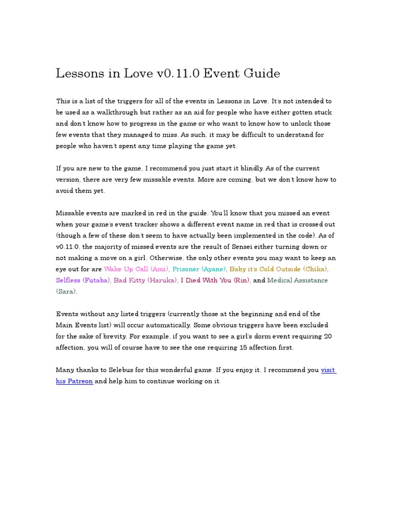 Lessons in Love v0.11.0 Event Guide: Selfless (Futaba) | PDF