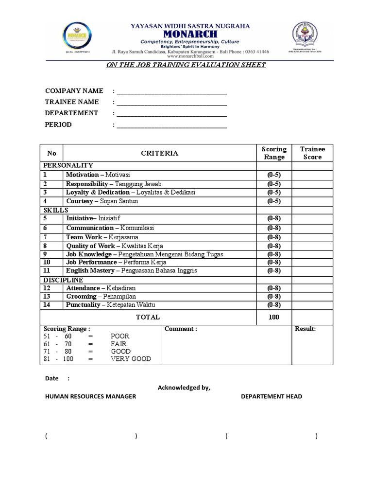 On The Job Training Evaluation Sheet: No Criteria Scoring Range Trainee Score | PDF