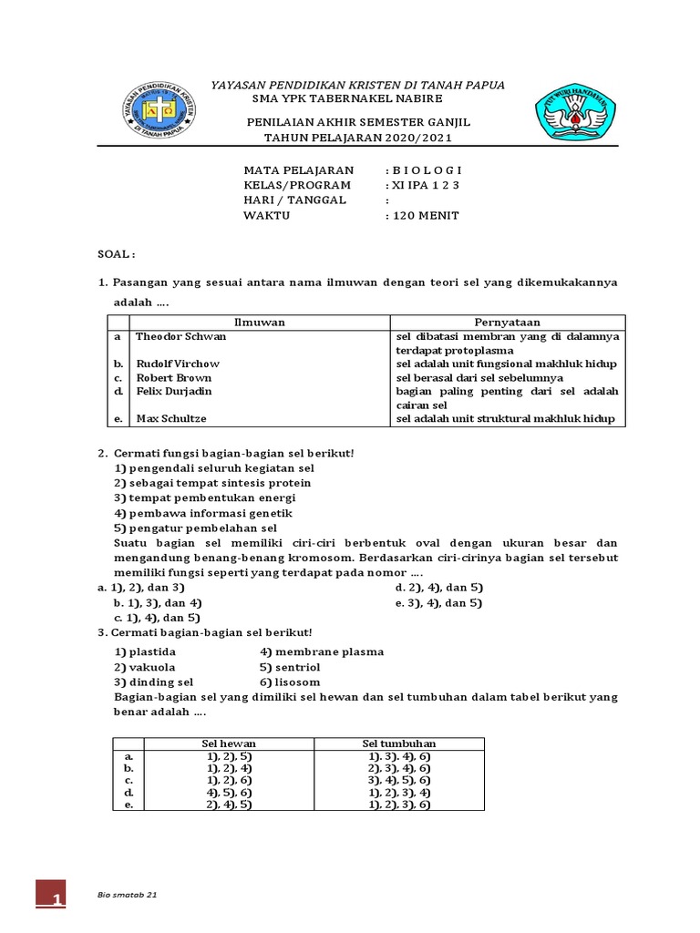 Soal BIO Xi Ganjil 2021 | PDF