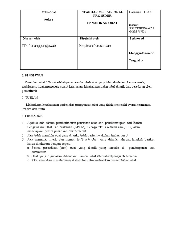Sop Penarikan Obat | PDF