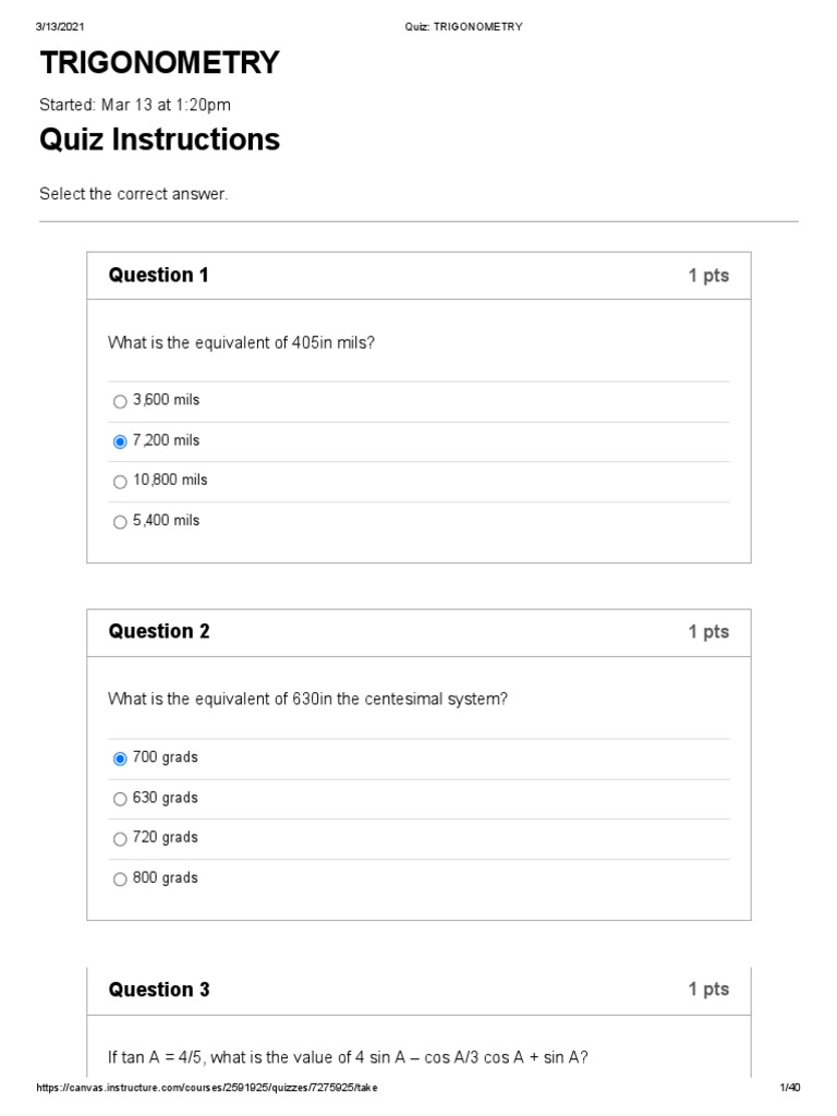 Trigonometry Quiz Questions and Solutions | PDF