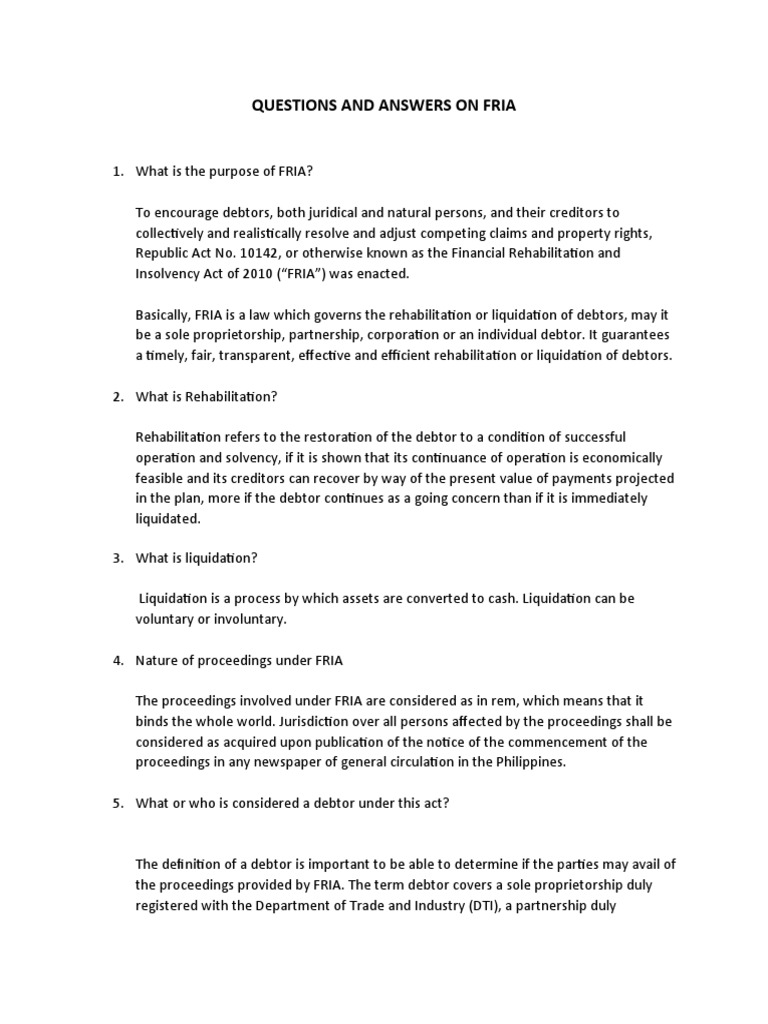 Questions and Answers On Fria | PDF | Bankruptcy | Liquidation