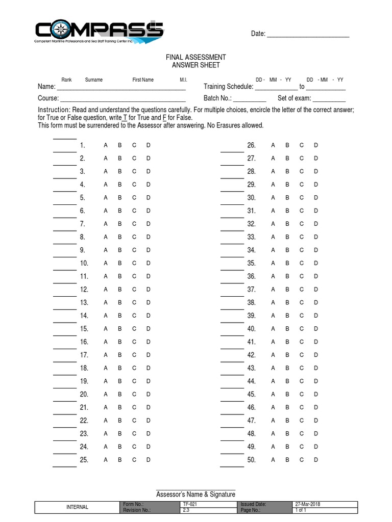 Answer Sheet (50 MC) Editable | PDF | Multiple Choice | Educational ...