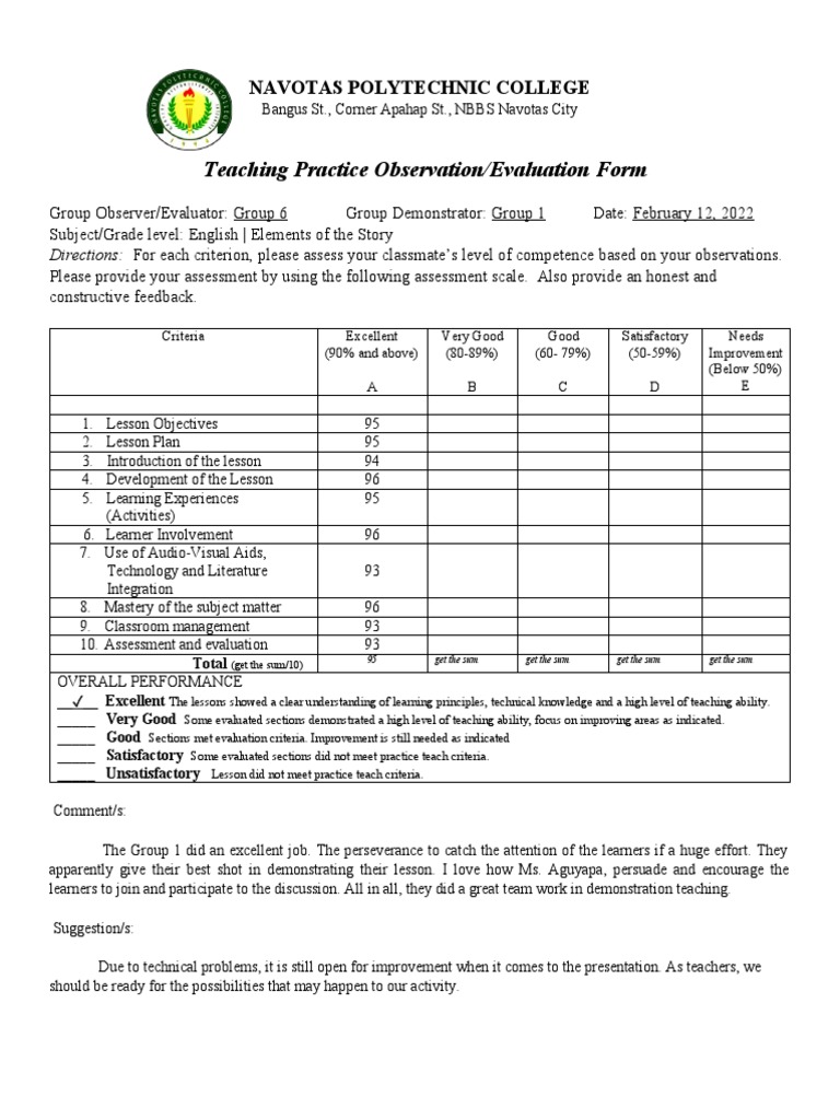Teaching Practice Observation/Evaluation Form: Navotas Polytechnic ...