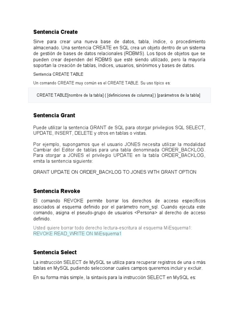 Sentencia Create | PDF | SQL | Bases de datos