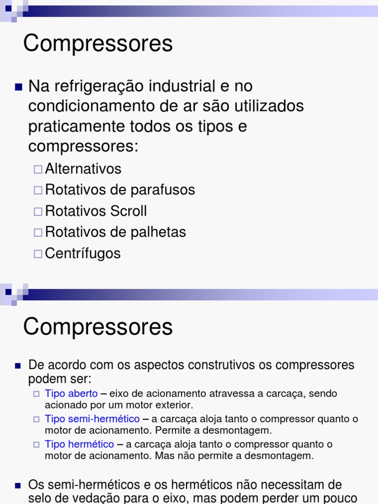 Compressores. Na Refrigeração Industrial e No Condicionamento de Ar São ...
