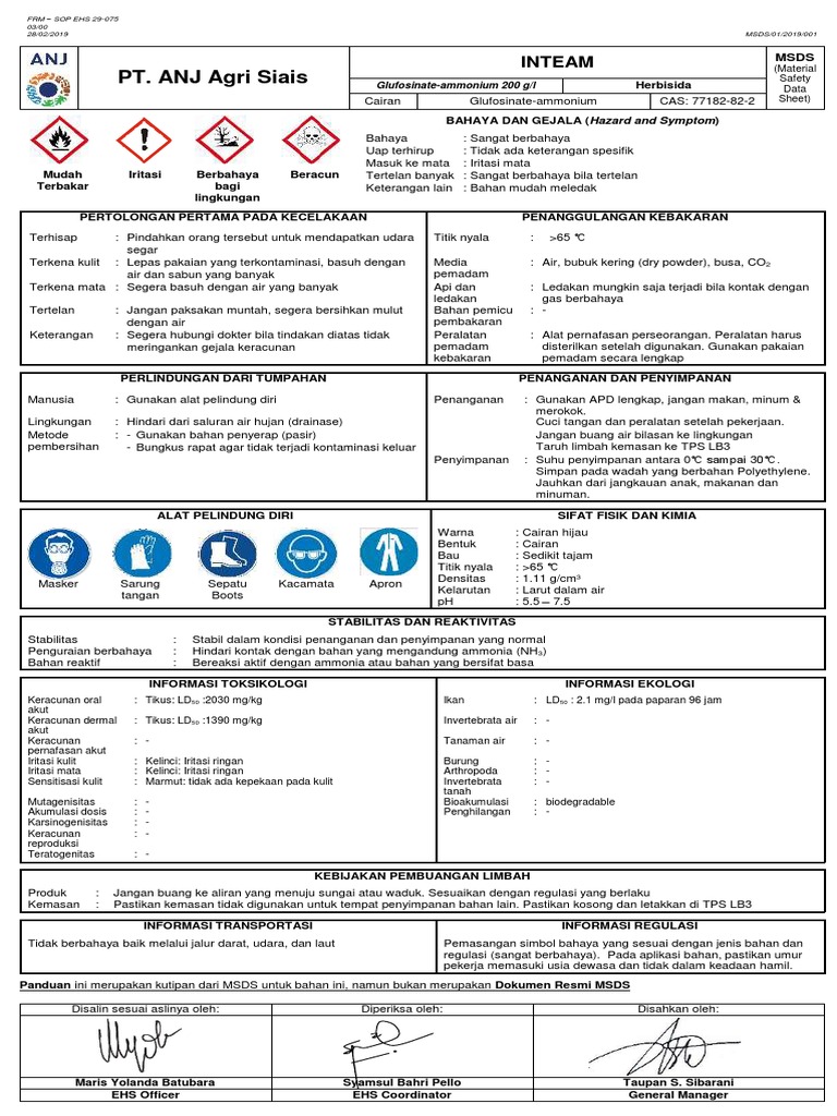 MSDS Glufosinate-ammonium: Bahaya & Penanganan | PDF