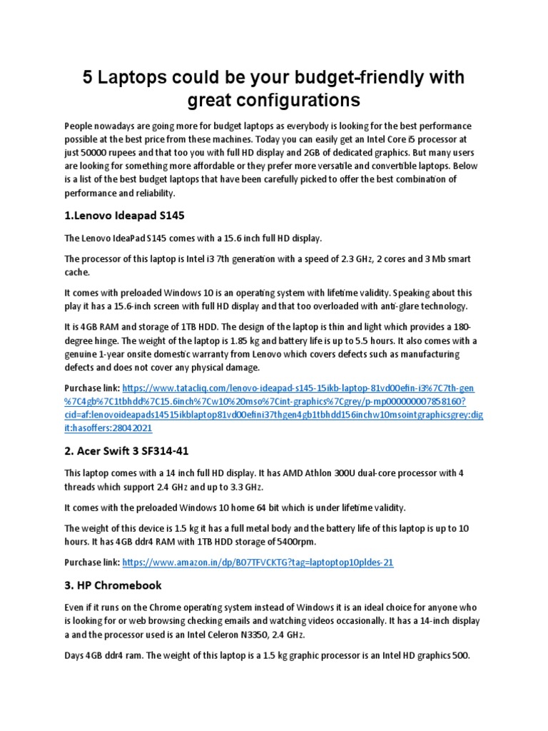 5 Laptops Could Be Your Budget Friendly With Great Configurations | PDF ...