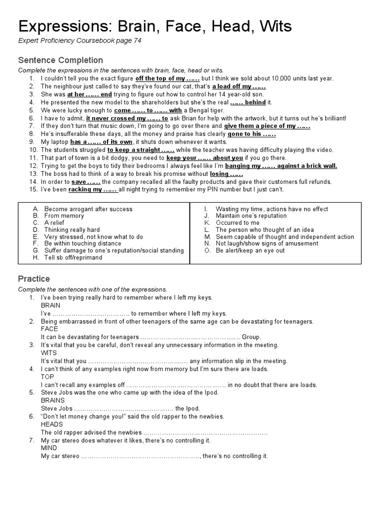 Expressions: Brain, Face, Head, Wits: Sentence Completion | PDF | Mind ...