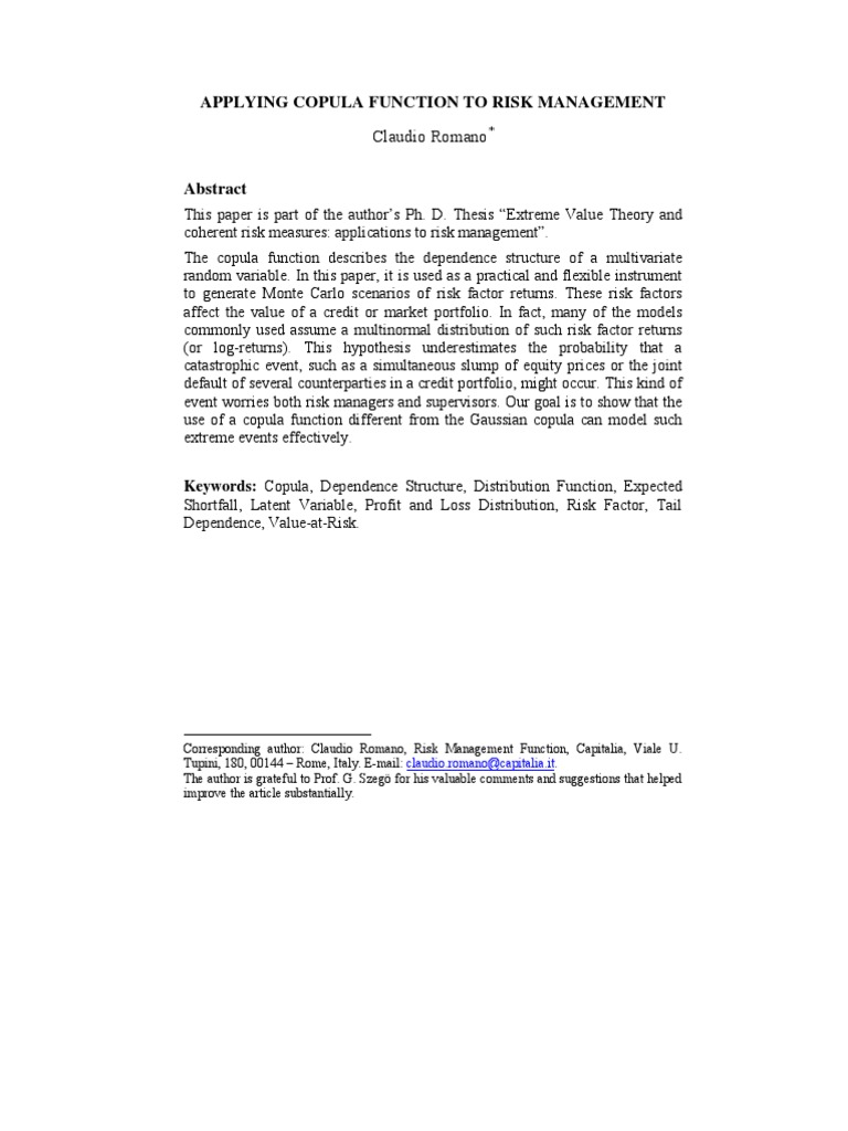 Applying Copula Function To Risk Management | PDF | Value At Risk ...