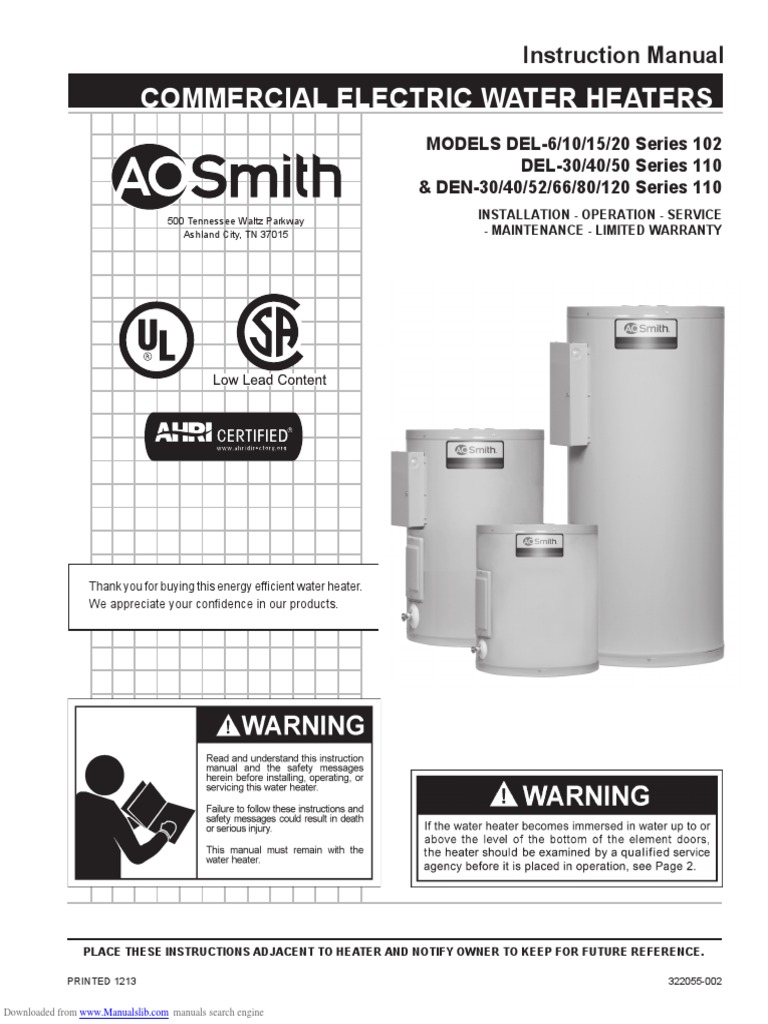 A.O. Smith Del 6 Den 52 O&m Manual | Download Free PDF | Water Heating ...