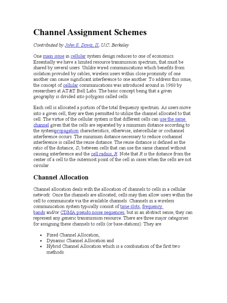 Channel Assignment Schemes: Fixed Channel Allocation, Dynamic Channel Allocation, and Hybrid ...
