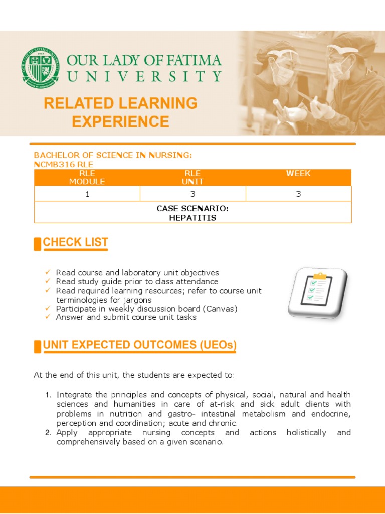 Bachelor of Science in Nursing: Ncmb316 Rle: RLE RLE Unit Week | PDF | Hepatitis | Infection