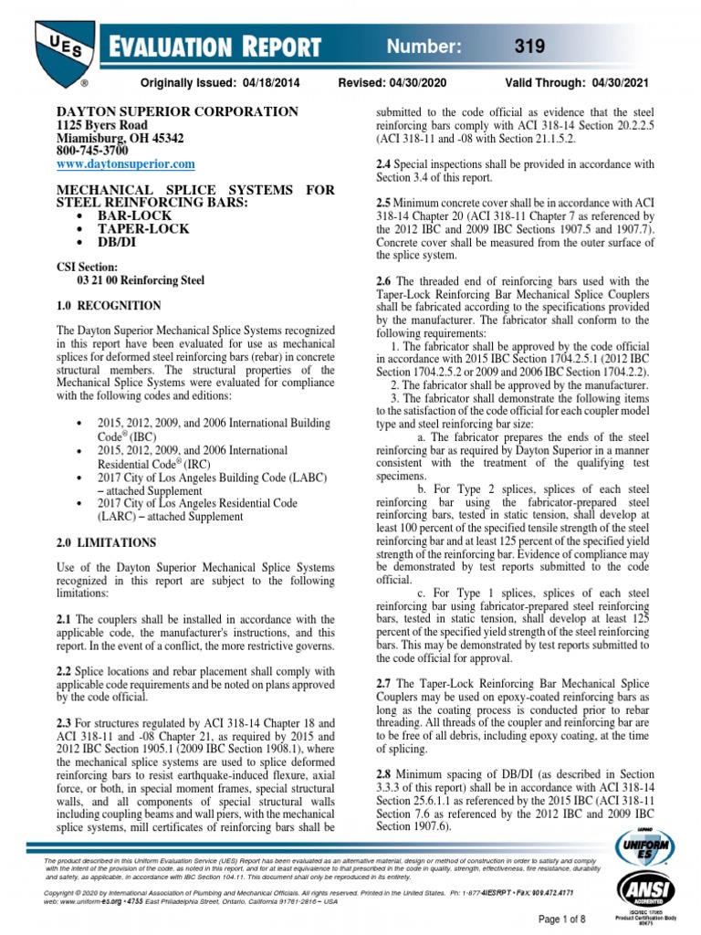 Dayton Superior Bar Splice ICC Report | PDF | Building Engineering ...