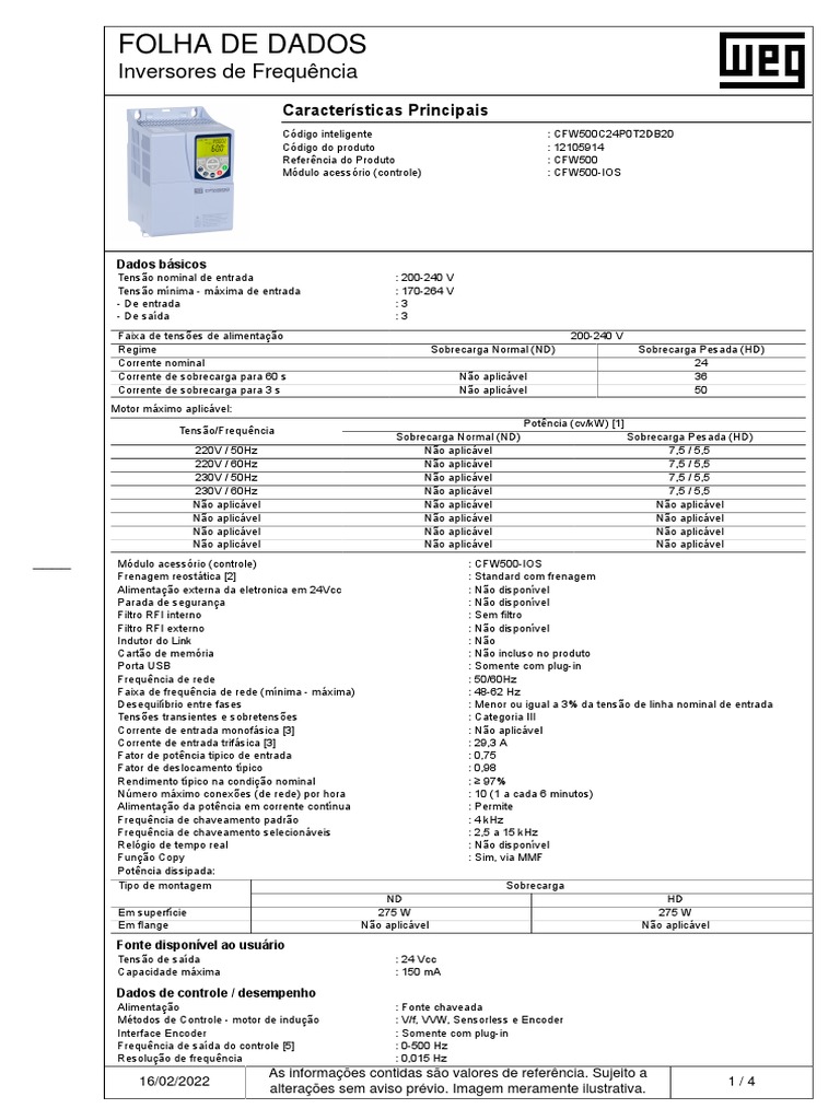 QCM WEG Inversor 24A Datasheet | PDF | Fonte de energia | Potência (Física)