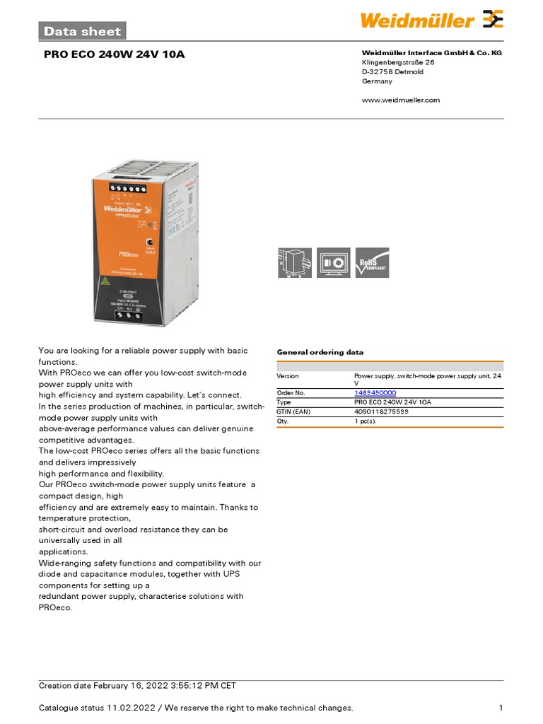 Data Sheet: PRO ECO 240W 24V 10A | PDF | Alternating Current ...