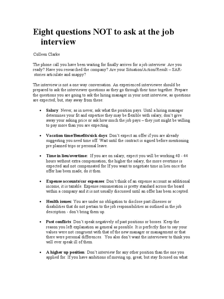 Eight Questions NOT To Ask at The Job Interview | PDF | Job Interview ...