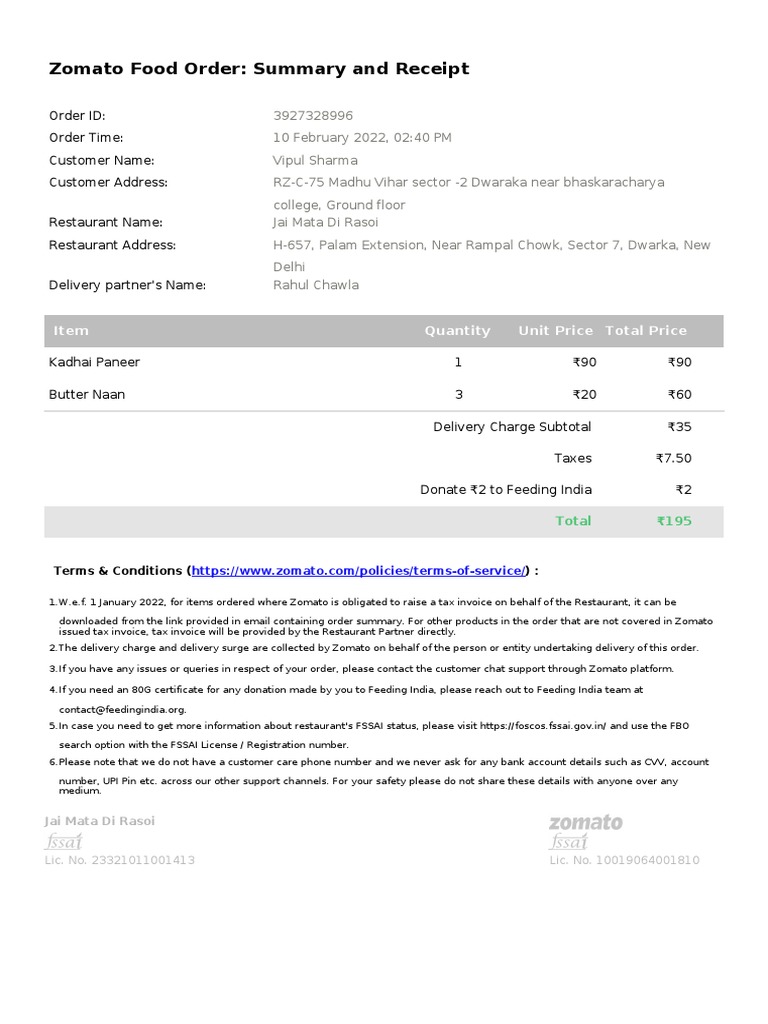 Zomato Food Order: Summary and Receipt | PDF | Business