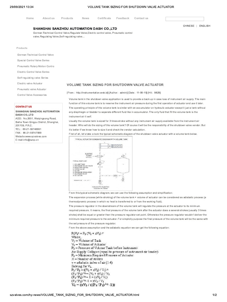 Volume Tank Sizing For Shutdown Valve Actuator | PDF