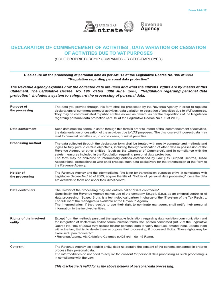 Form AA912 - AA9 - 12 - Modello - EN - Def | PDF | Value Added Tax ...