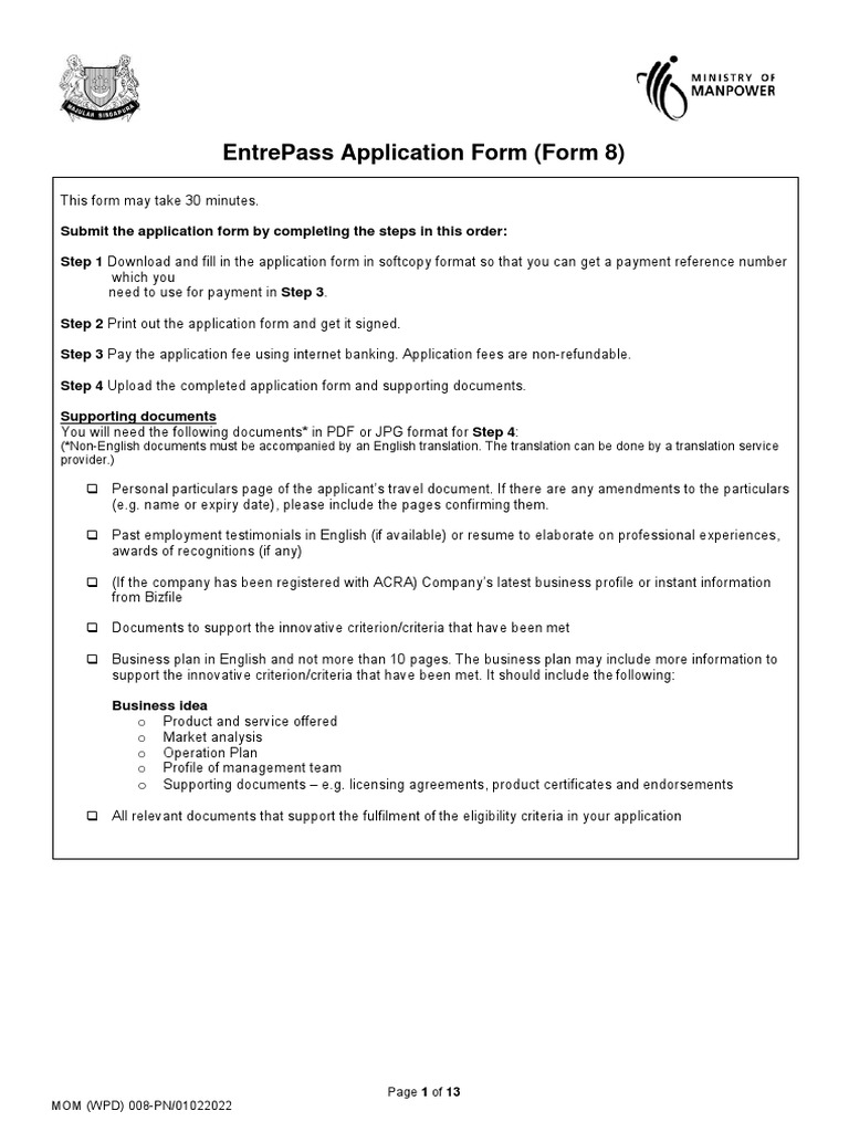 Entrepass Application Form (Form 8) : Submit The Application Form by ...