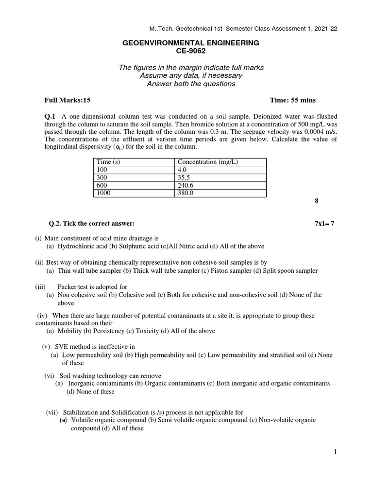 M.tech - Geoenvironmental Engineering - CA1 Question - Paper - 2021-22 | PDF | Soil | Chemistry