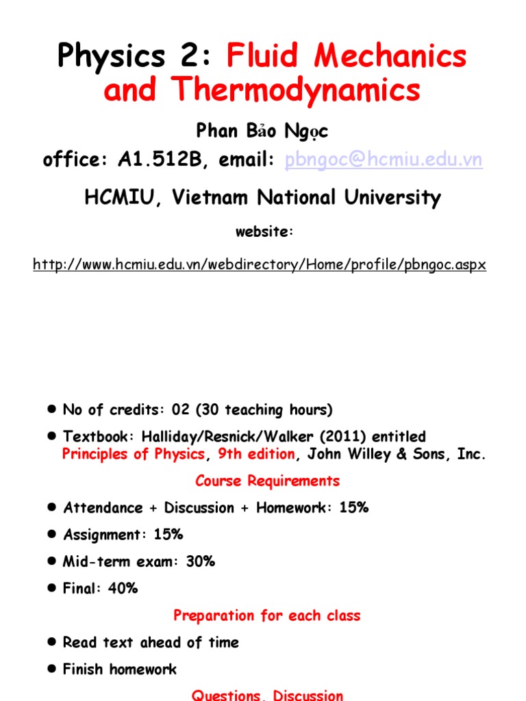 Physics 2 Syllabus: Fluid Mechanics and Thermodynamics Course Outline ...