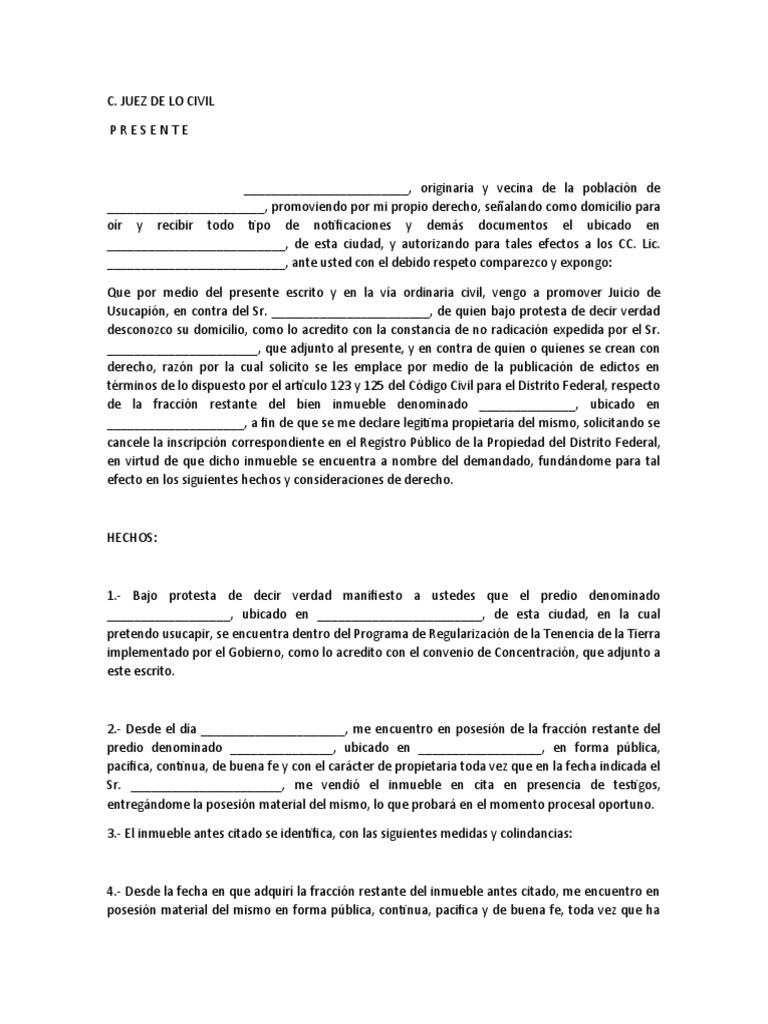 JUICIO DE USUCAPION Modelo | PDF | Demanda judicial | Justicia