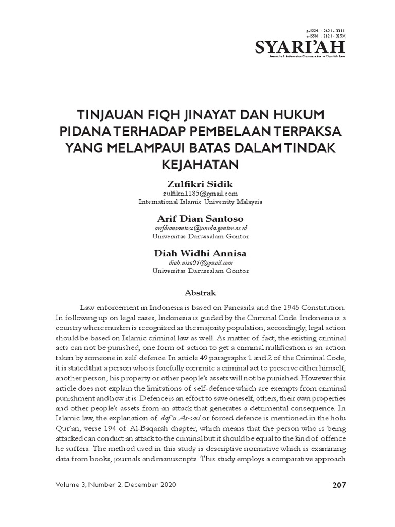 Syari'Ah: Tinjauan Fiqh Jinayat Dan Hukum Pidana Terhadap Pembelaan Terpaksa Yang Melampaui ...