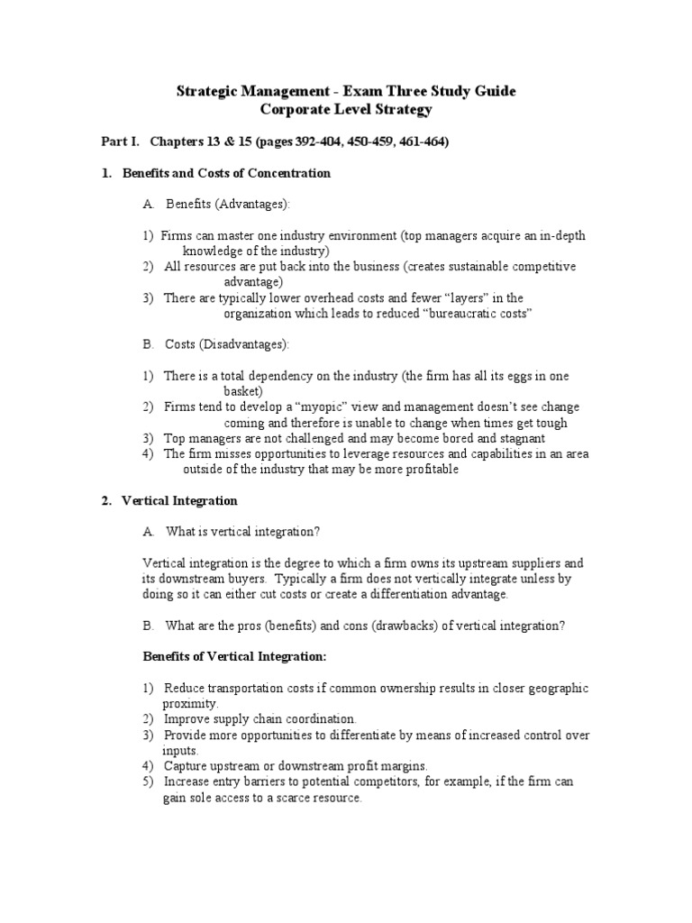 Strategic Management - Exam Three Study Guide Corporate Level Strategy ...