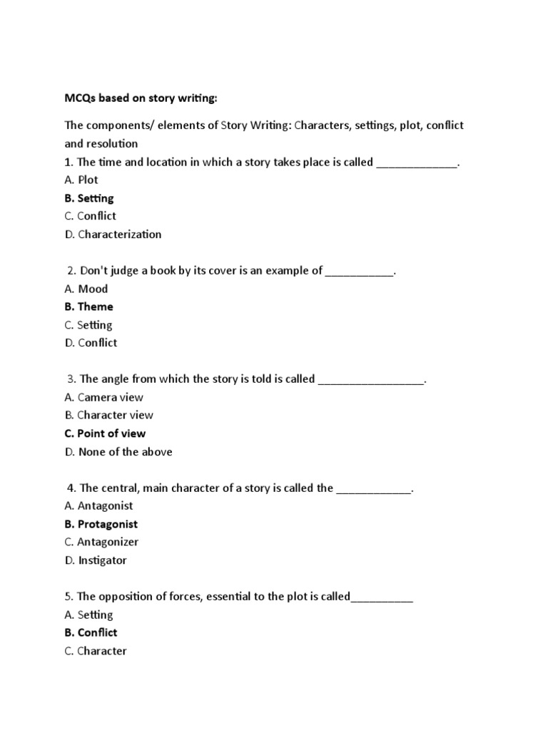 MCQs on Story Writing Elements | PDF | Plot (Narrative) | Fantasy