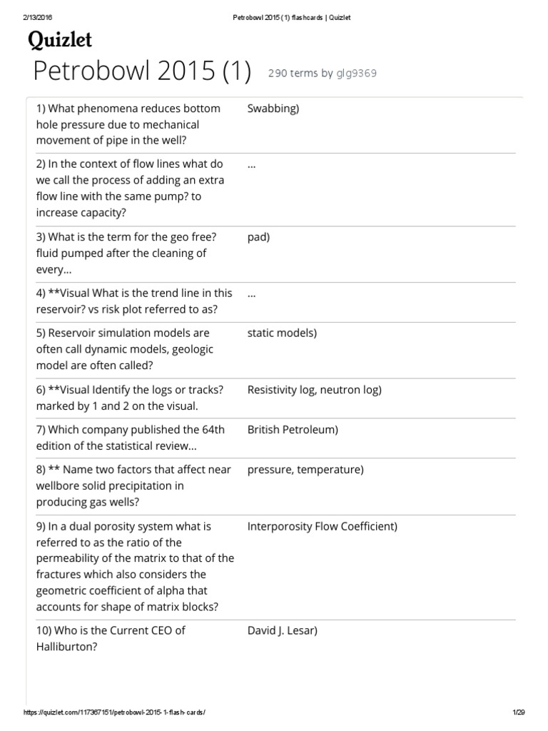 Petrobowl 2015 (1) Flashcards - Quizlet | PDF | Petroleum Reservoir ...