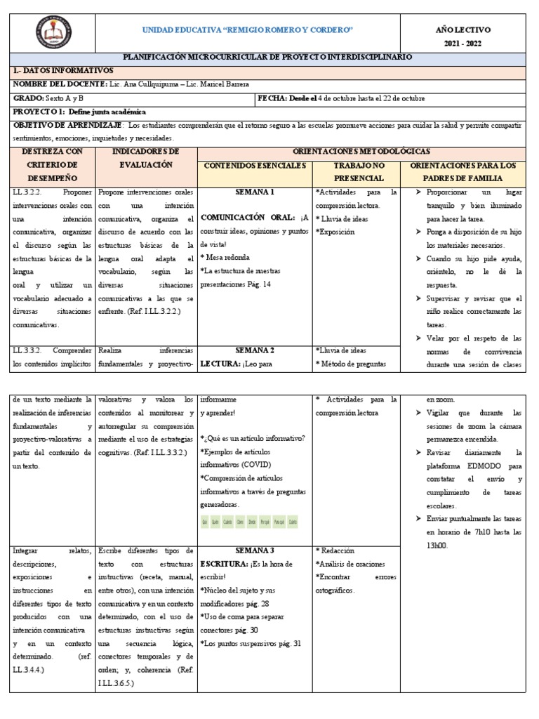 Planificación Sexto A | PDF | Comprensión lectora | Aprendizaje
