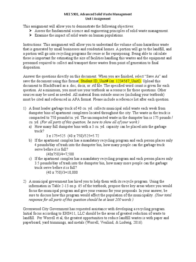 MEE 5901, Advanced Solid Waste Management Unit I Assignment | PDF ...