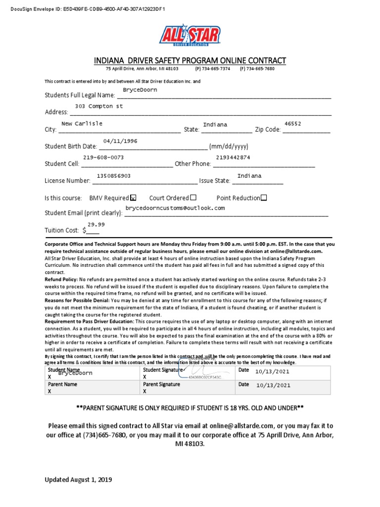 Indiana Driver Safety Program Contract | PDF