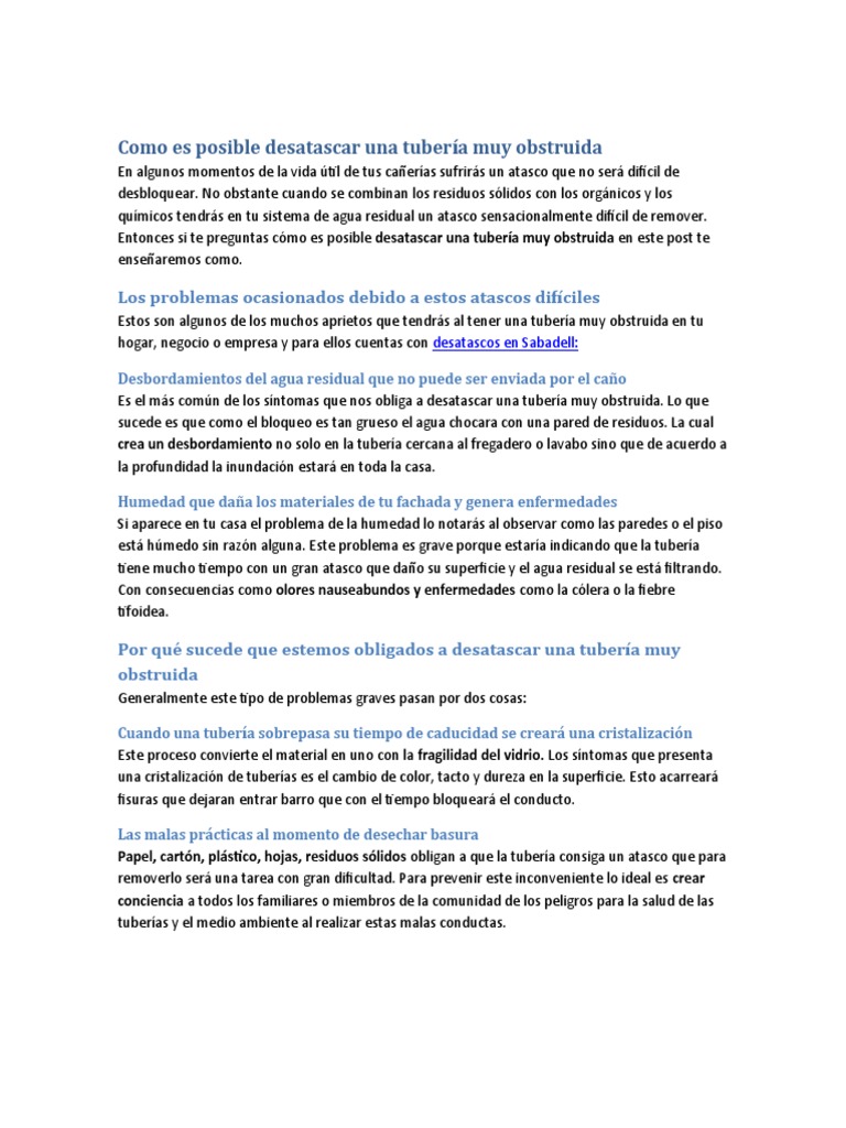 Como Es Posible Desatascar Una Tubería Muy Atascada | PDF | Tubería ...