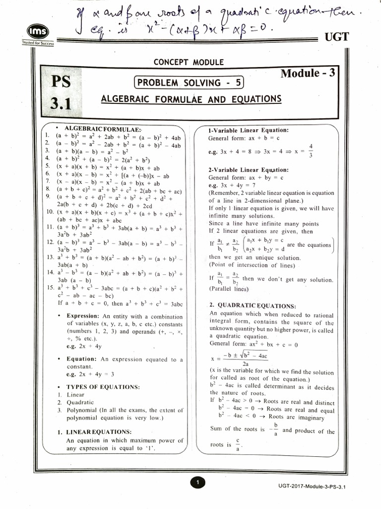 Module-3 PS: Algebraic Formulae and Equations | PDF | Equations ...