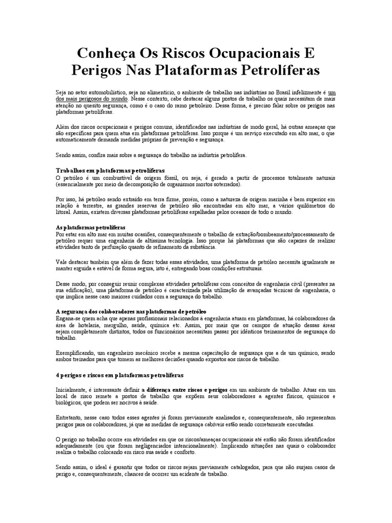 Conheça Os Riscos Ocupacionais E Perigos Nas Plataformas Petrolíferas ... Conheça Os Riscos Ocupacionais E Perigos Nas Plataformas Petrolíferas ...