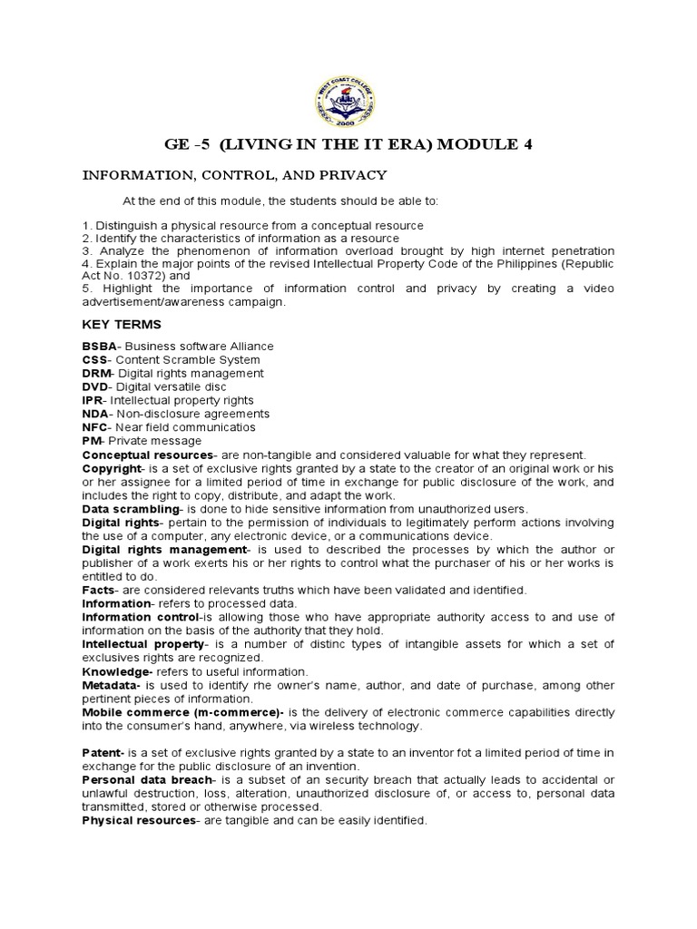 Ge - 5 (Living in The It Era) Module 4: Information, Control, and ...