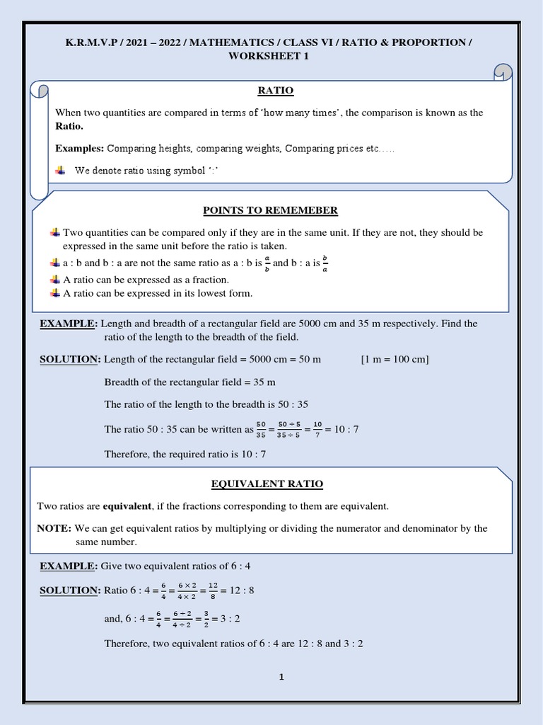 Ratio & Proportion - Worksheet 1 | Download Free PDF | Ratio | Arithmetic