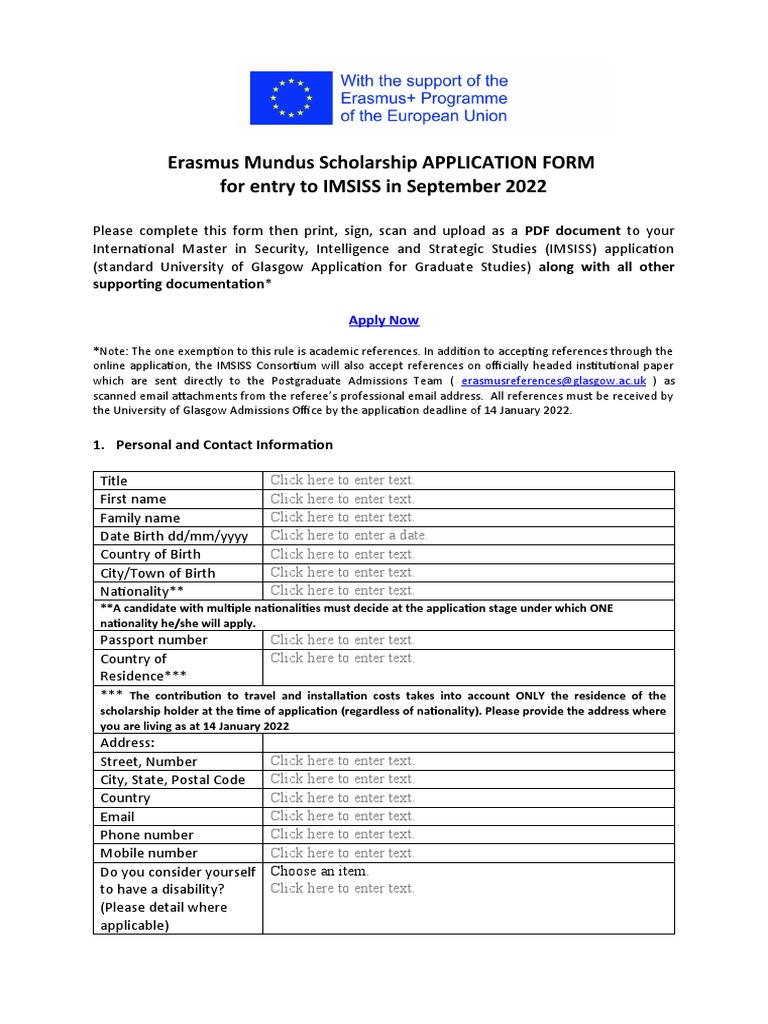 Erasmus Mundus Scholarship APPLICATION FORM For Entry To IMSISS in ...