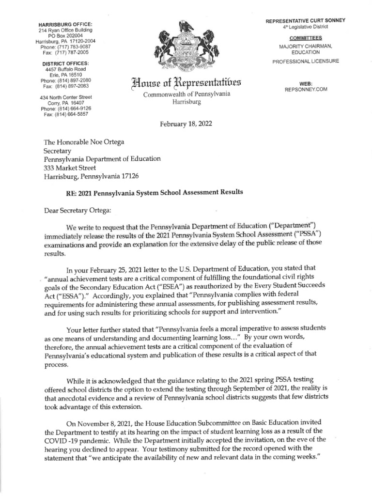 Pa. House Leaders' Letter Requesting Release of PSSA Results | PDF