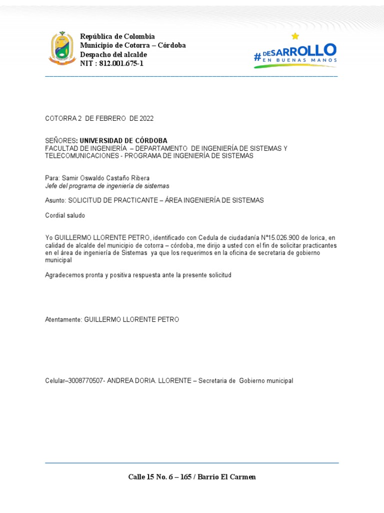 Carta Solicitud - Practicante | PDF