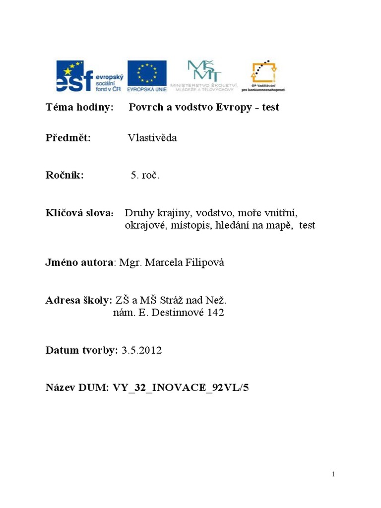 Evropa - Povrch A Vodstvo Test 5.tř. | PDF