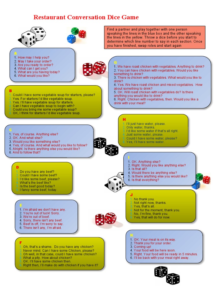 Conversation Dice Game Restaurant Version Fun Activities Games Games ...