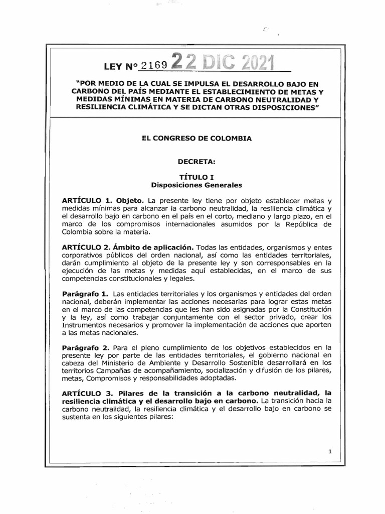 Ley 2169 Del 22 de Diciembre de 2021 Ley Cambio Climatico | PDF ...