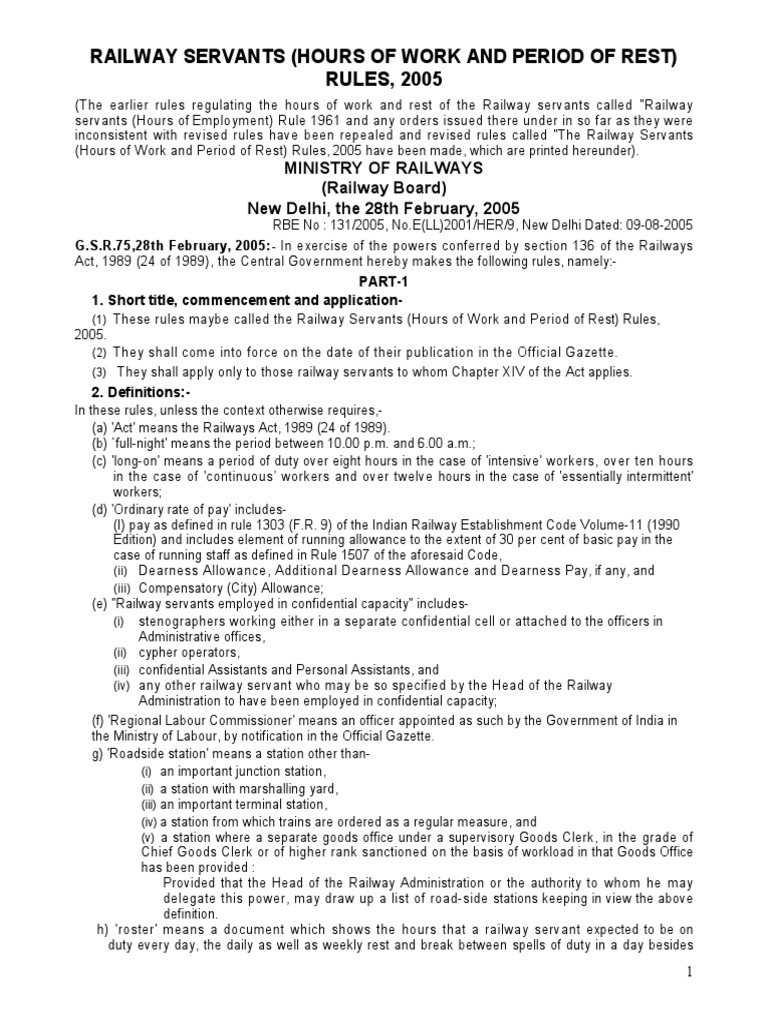 Rly Servant Hours of Workand Period of Rest Rule 2005 - 0 | PDF