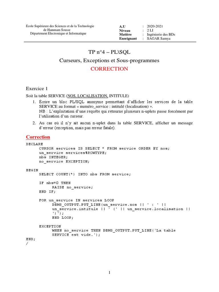 TP4 Cours PLSQL CurseurExceptionSousProgramme Correction | PDF | PL/SQL | SQL