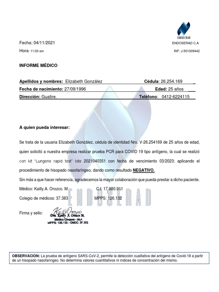 Informe de Prueba PCR COVID-19 Negativa | PDF